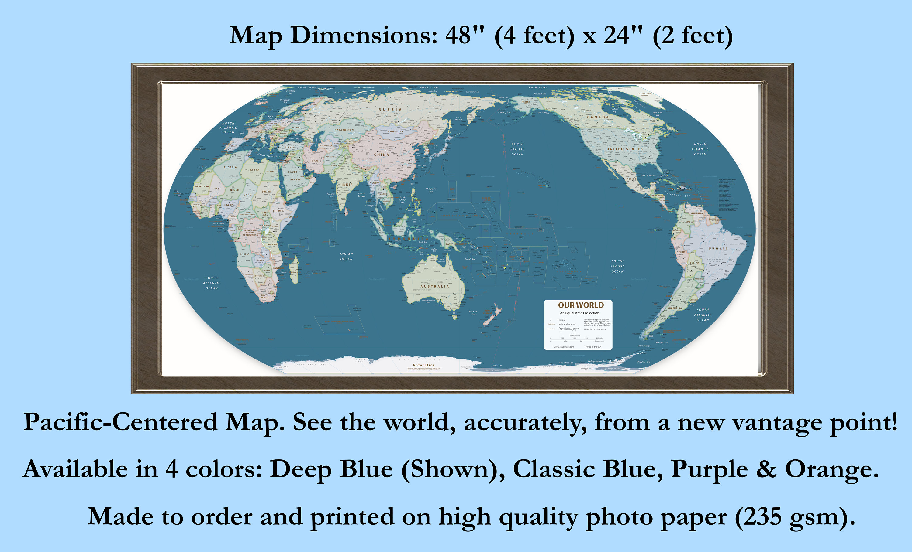 Pacific Centered World Map Print: Equal Area Projection, Detailed ...