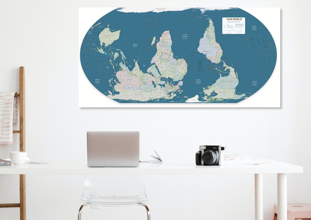 Upside Down World Map: Equal Area Projection, Accurate Detail - Etsy