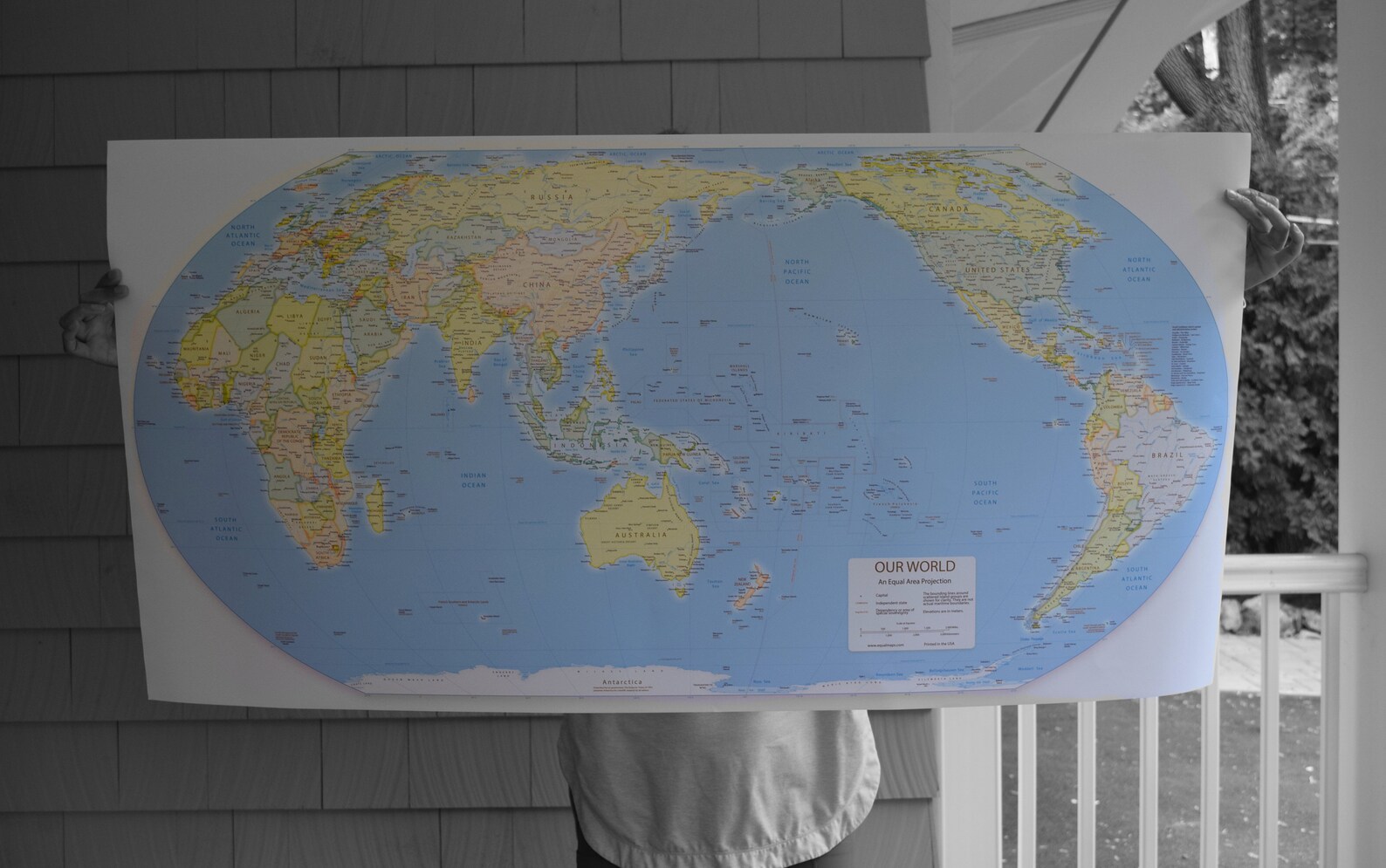 Pacific Centered World Map Print: Equal Area Projection, Detailed ...