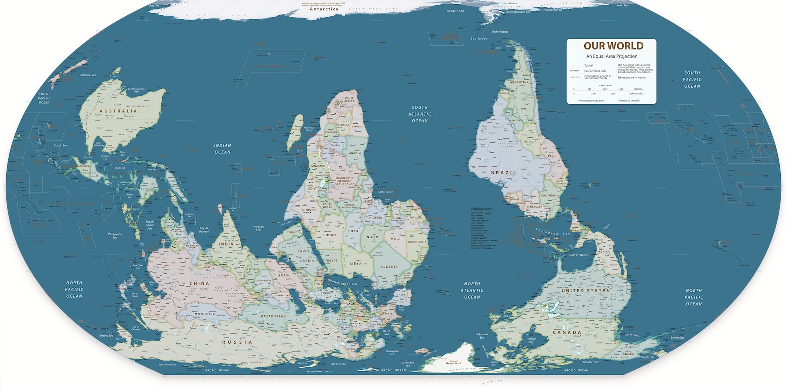 Mapa del mundo al revés: proyección de áreas iguales y detalles ...