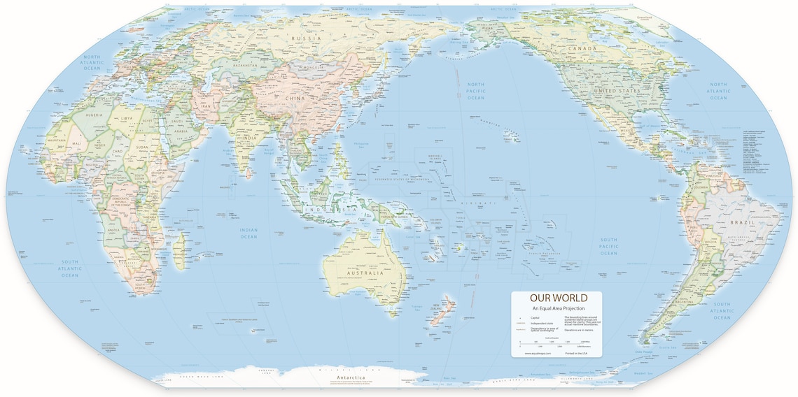 Pacific Centered Equal Area World Map Print Similar to Peters and Gall ...