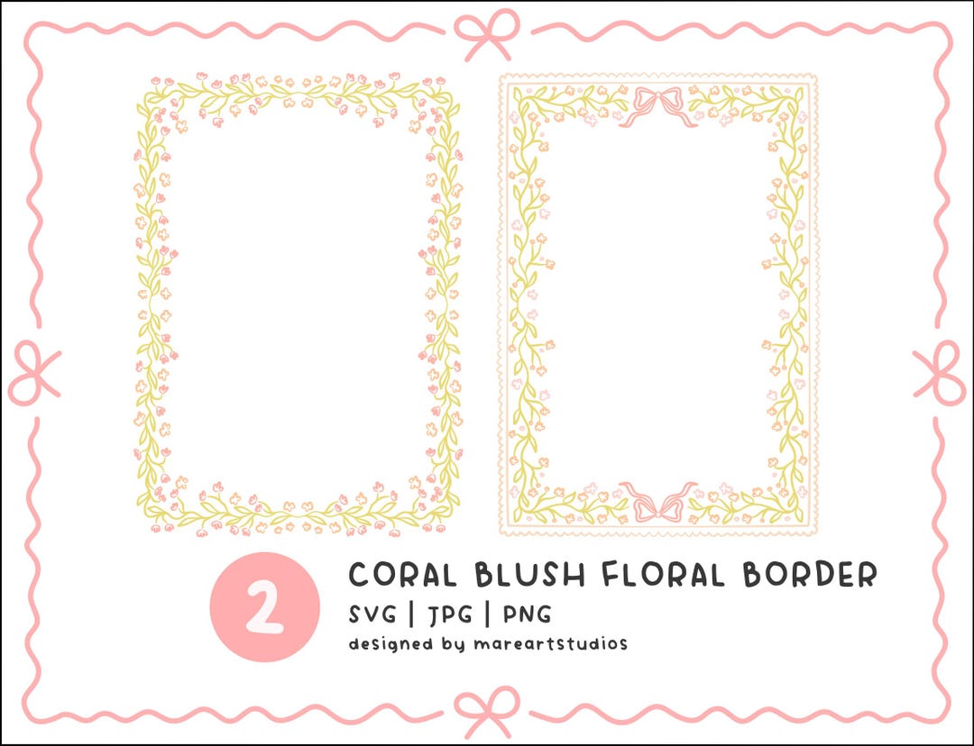 Coral Blush Floral Border SVG PNG JPG – Hand Drawn Invitation Borders ...
