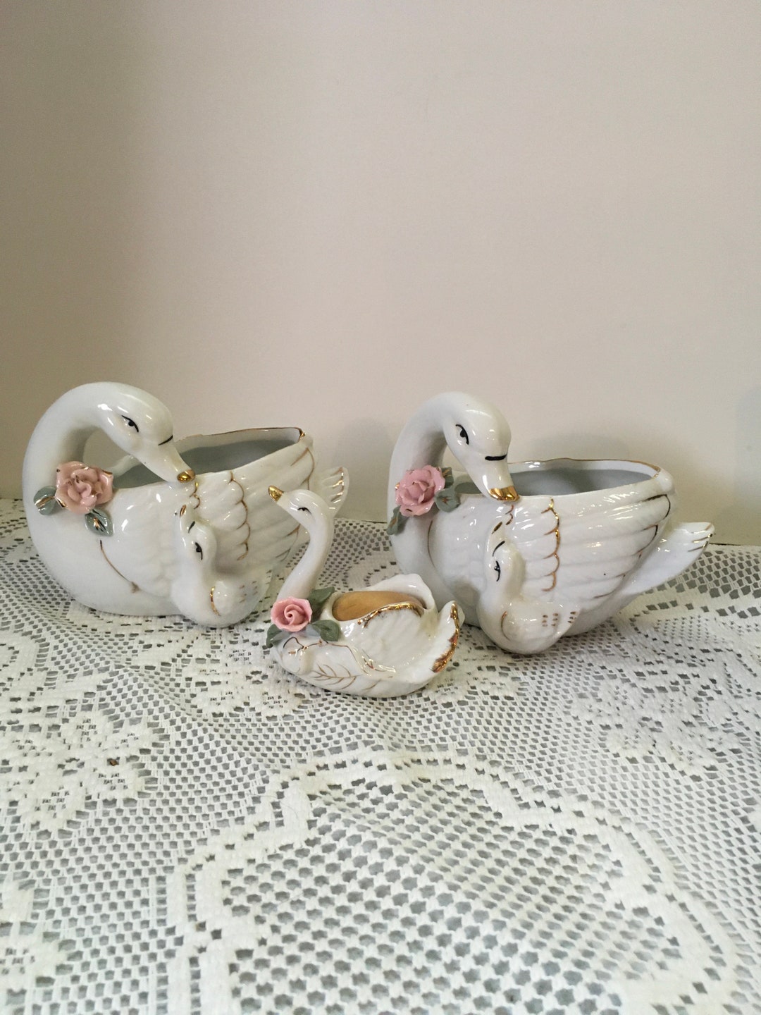 Vintage Imported 3 Pc Swan Set Gold Trimmed From China - Etsy