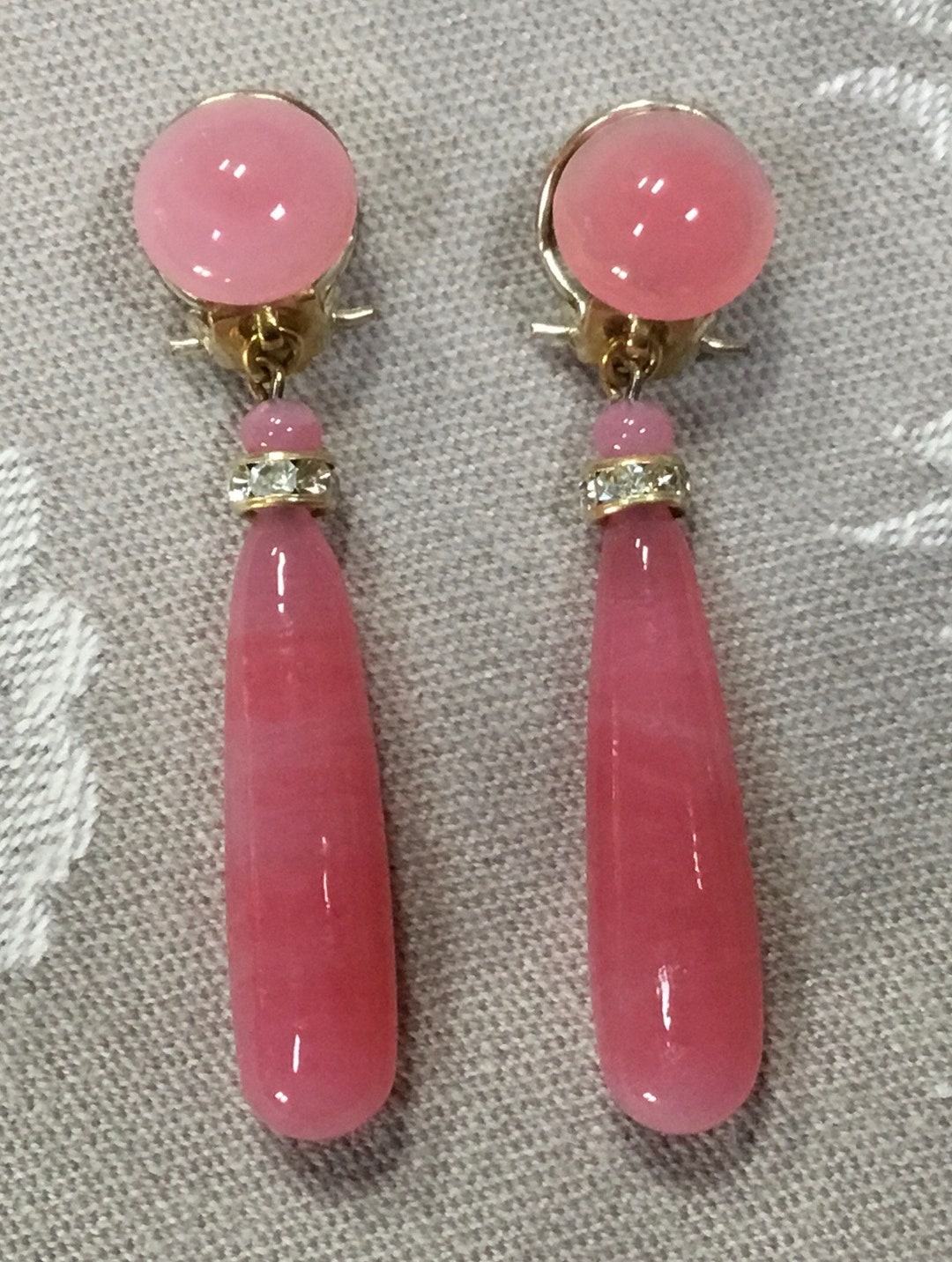 Vintage Louis Rousselet Pink Glass & Rondelles Drop Earrings With Omega ...