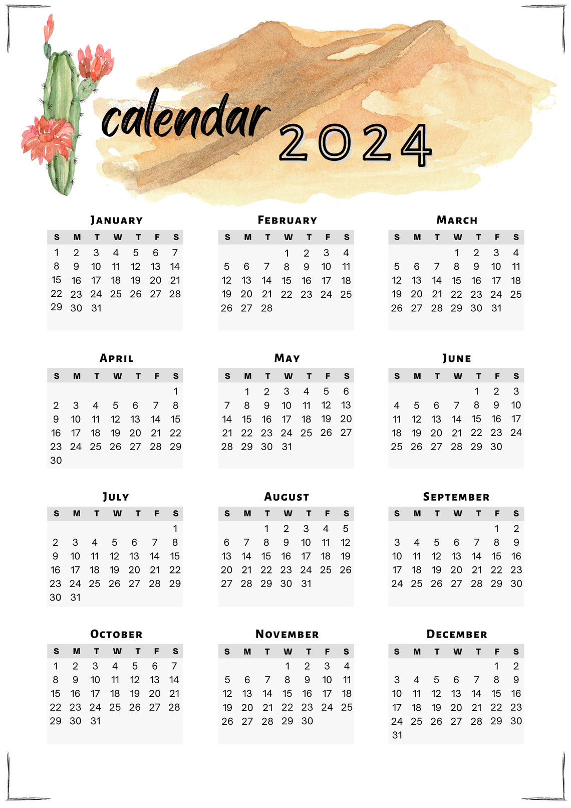 A4 Printable 2024 Calendar, Instant Download, Minimalistic ...