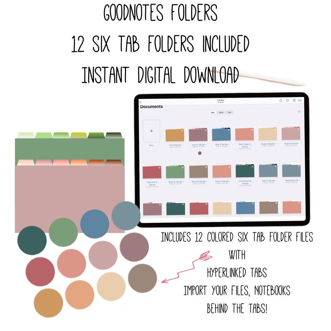 Goodnotes Digital File Folder- Six (6) Tab Folders in 12 Colors ...