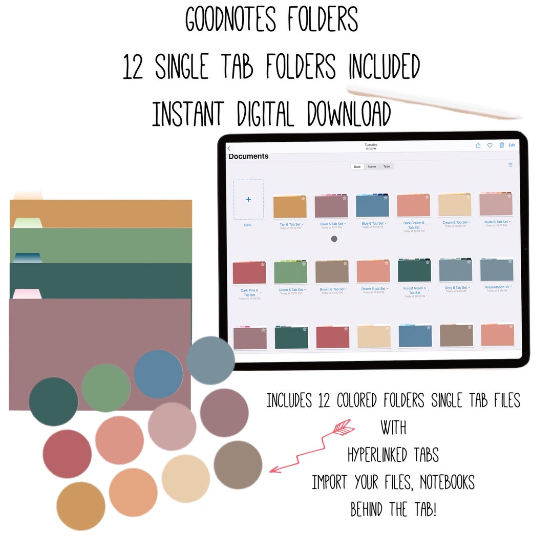 Goodnotes Digital File Folder- Single (1) Tab Folders in 12 Colors ...
