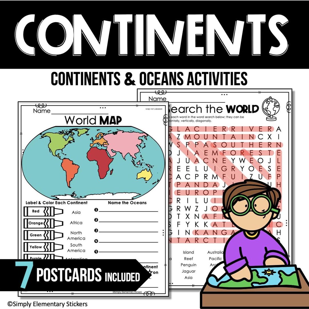 Continent & World Maps Word Search Worksheets, Social Studies Printable ...