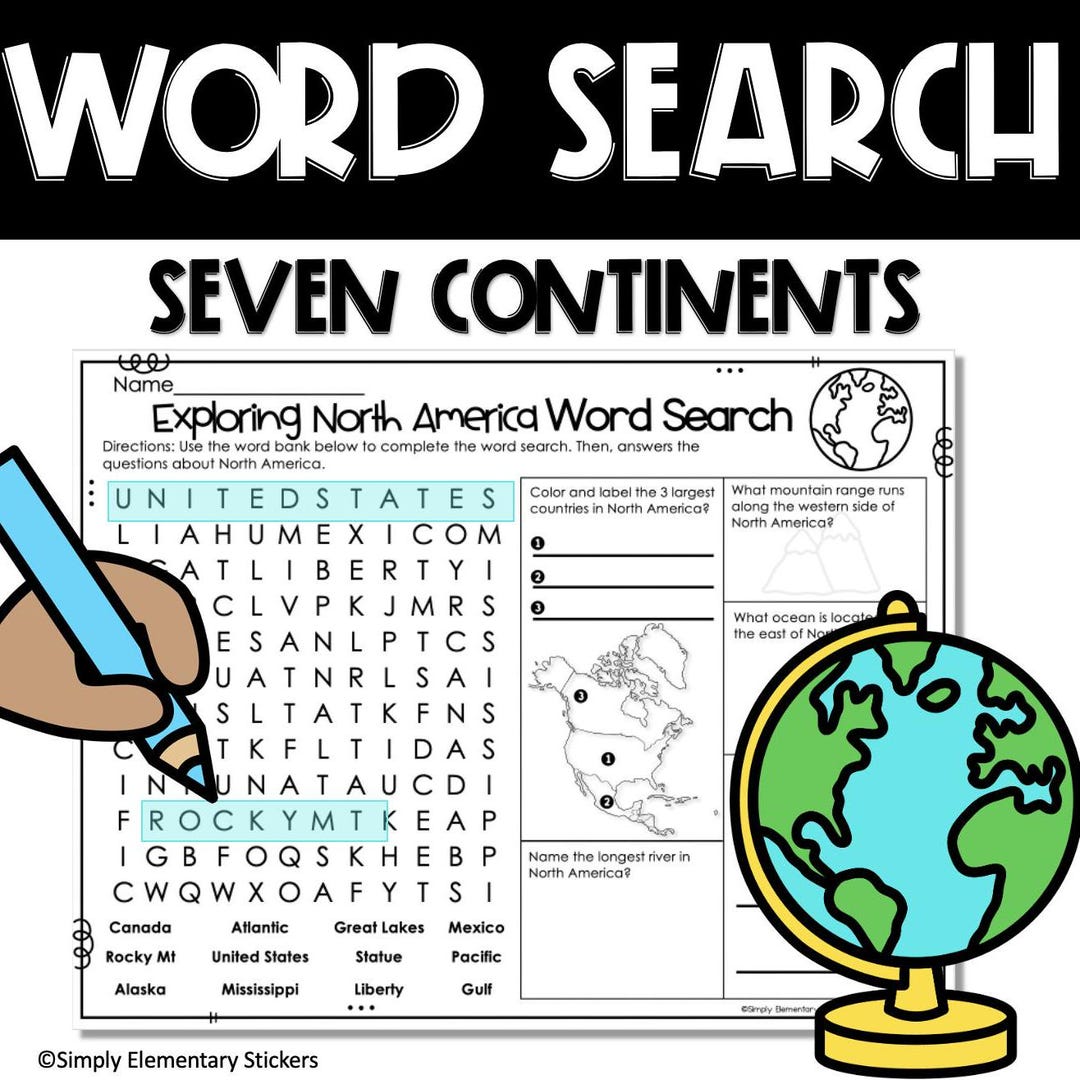 World Maps & Continent Word Search Worksheets, Social Studies Printable ...