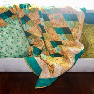 Argyle Pattern Blue and Green World Map Lap Quilt, Travel Themed ...