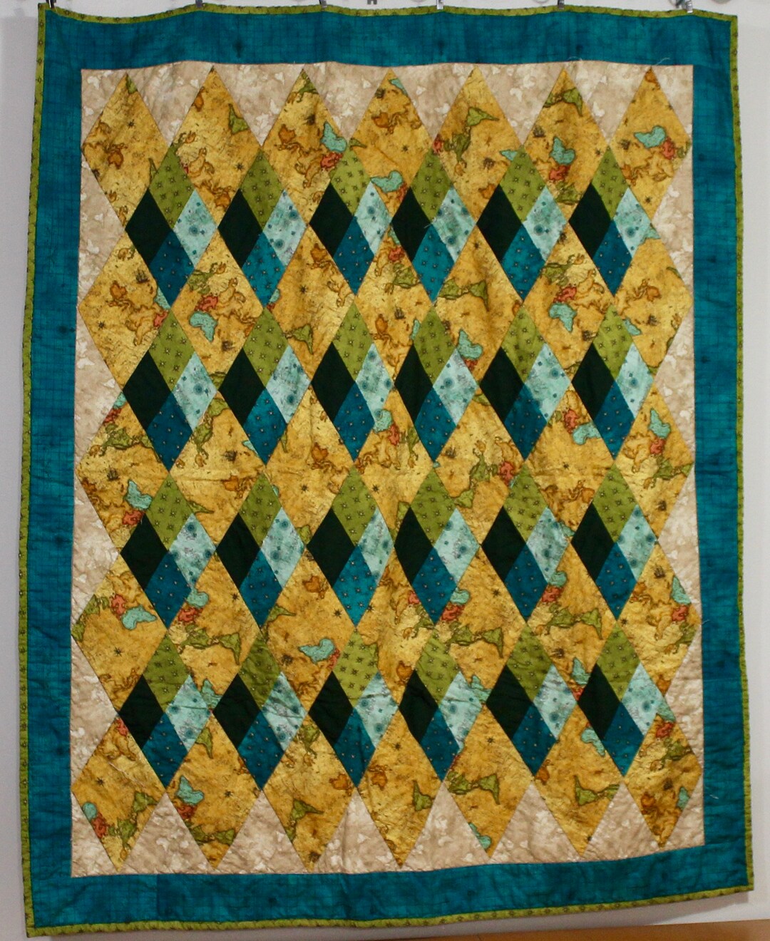 Argyle Pattern Blue and Green World Map Lap Quilt, Travel Themed ...