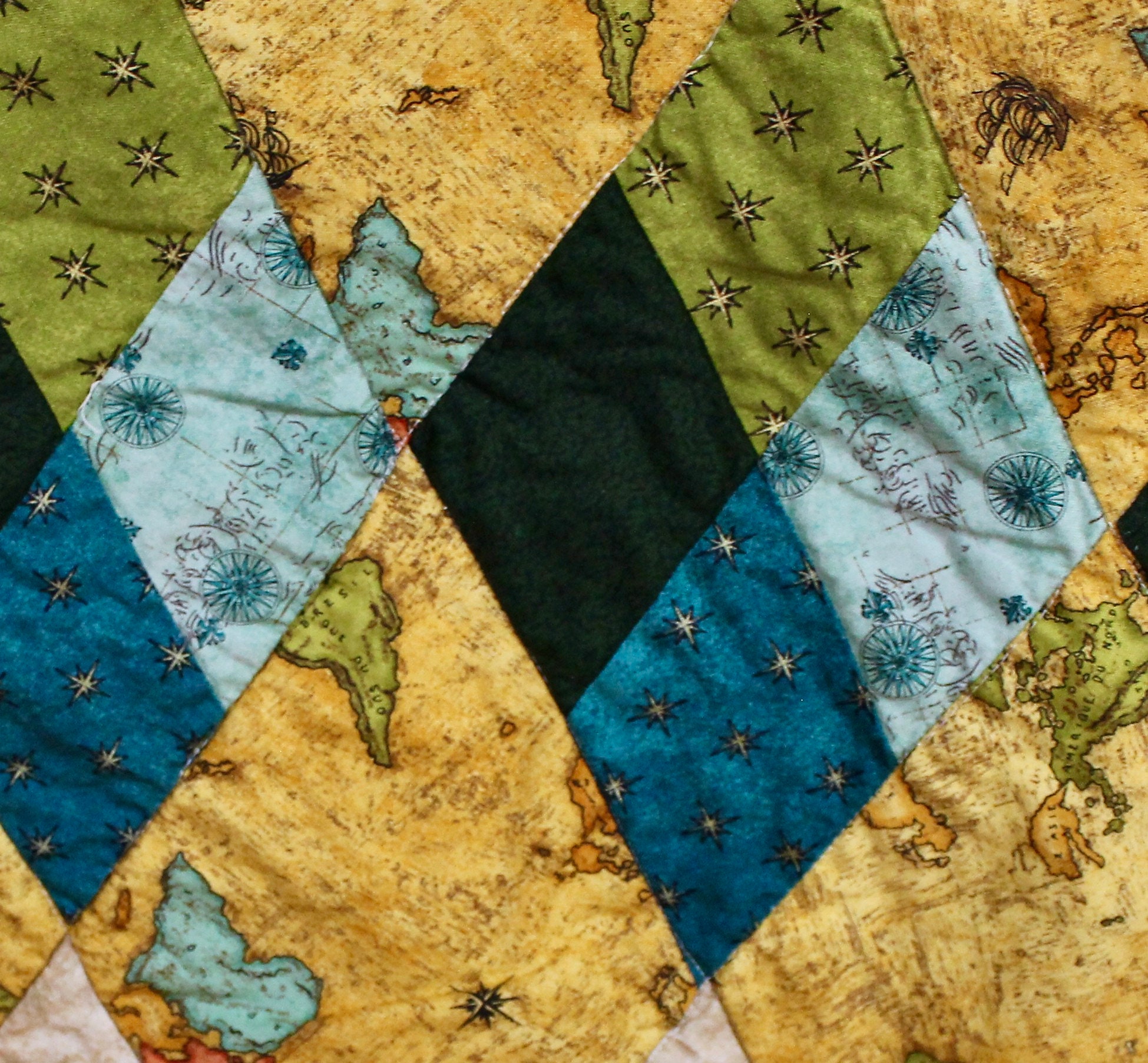 Argyle Pattern Blue and Green World Map Lap Quilt, Travel Themed ...