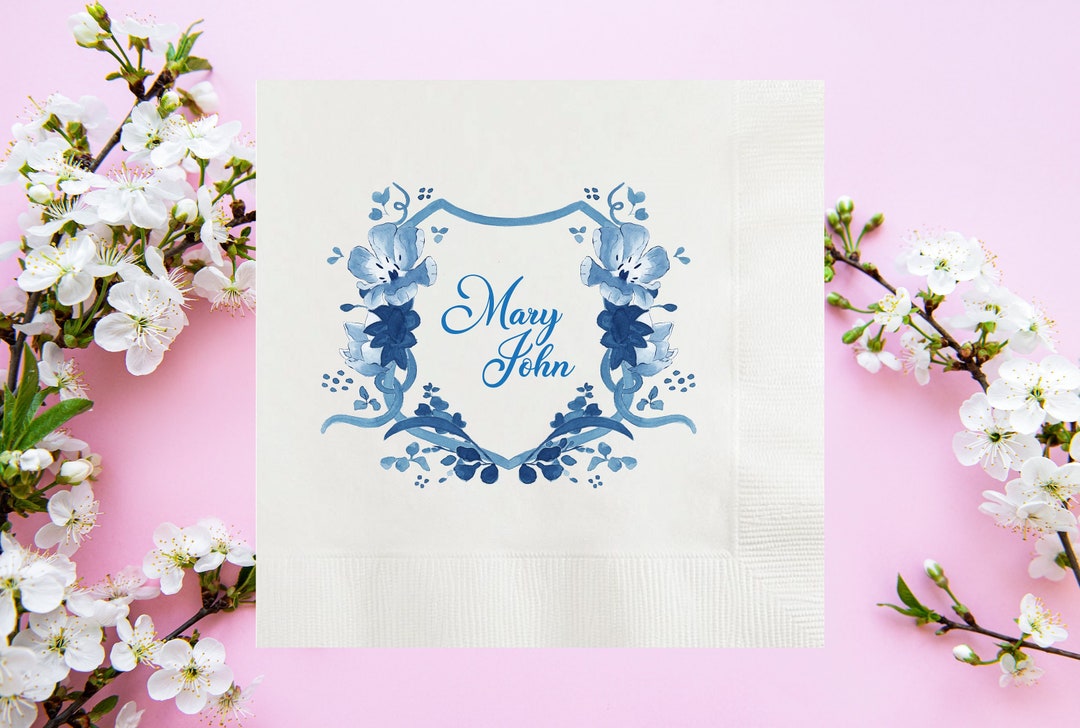 Blue Floral Crest Custom Couple Name Wedding Napkins, Personalized Full ...