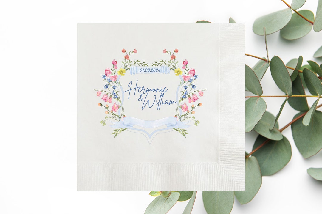 Floral Crest Custom Wedding Napkins, Personalized Modern Full Color ...