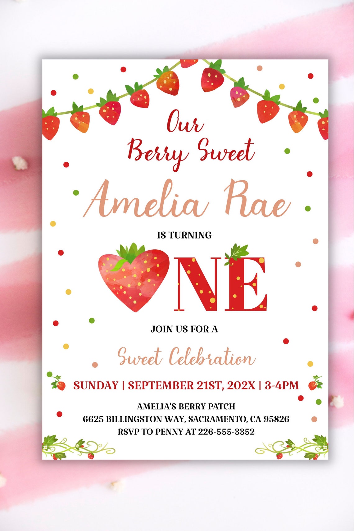 Strawberry First Birthday Invitation - Berry Sweet Birthday Invitation ...
