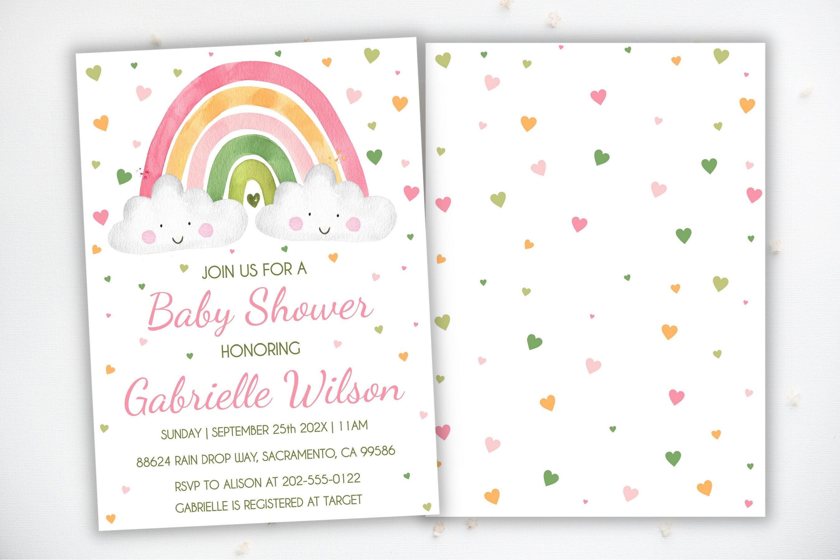Rainbow Baby Shower Invitation - Colorful Hearts - Clouds Digital Baby ...