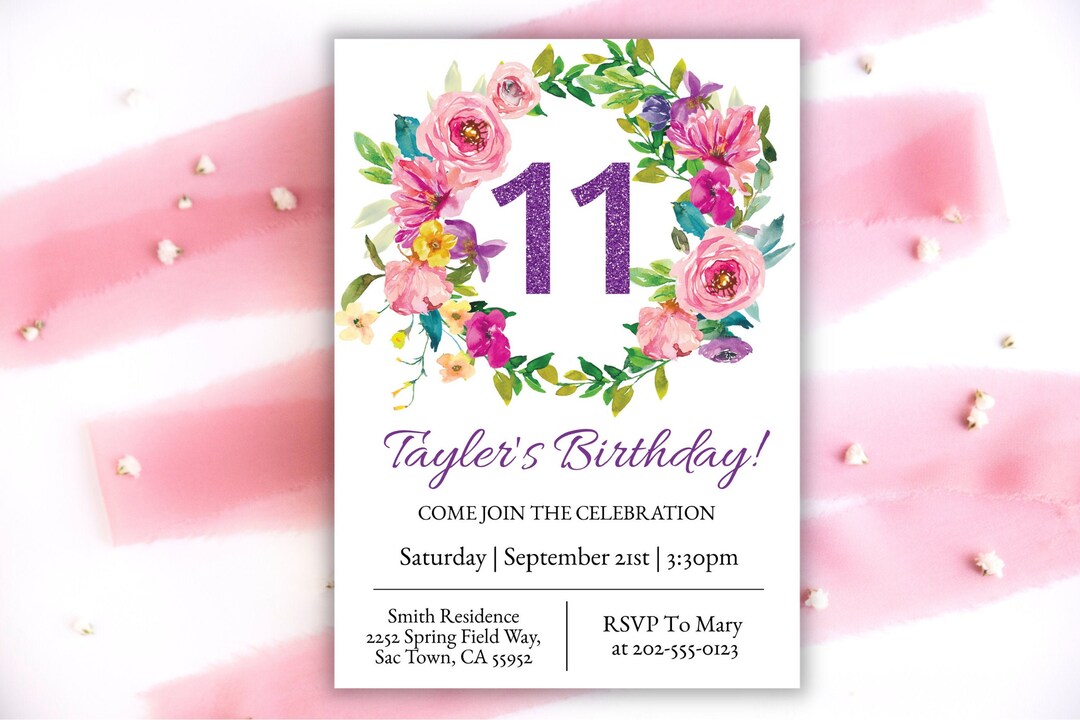 11th Birthday Floral Invitation - Colorful Flowers - Eleventh Birthday ...