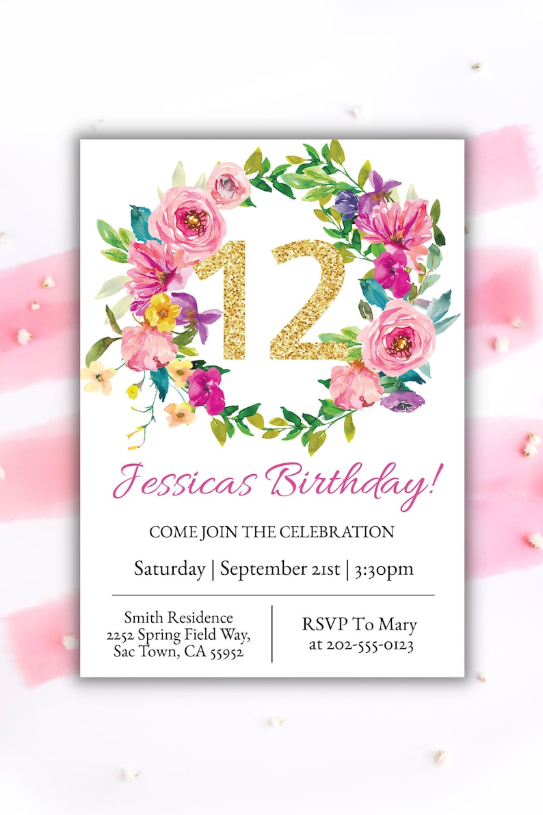 12th Birthday Floral Invitation - Colorful Flowers - Twelve Birthday ...