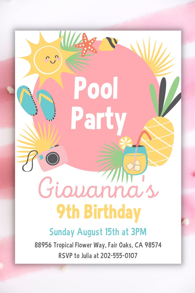 Pool Party Birthday Invitation | Editable Tropical Summer Invite ...