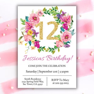 12th Birthday Floral Invitation - Colorful Flowers - Twelve Birthday ...