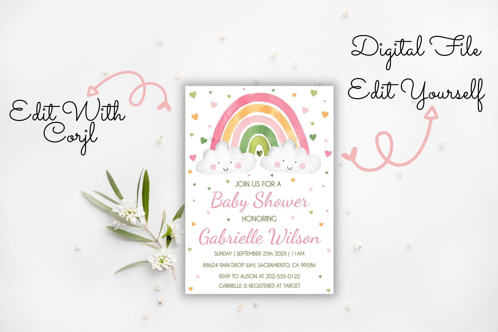 Rainbow Baby Shower Invitation - Colorful Hearts - Clouds Digital Baby ...
