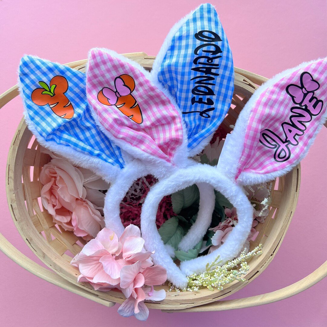 Personalized Easter Bunny Ears, Pink Bunny Ears , Blue Easter Ears Name and Year , Easter Egg ...