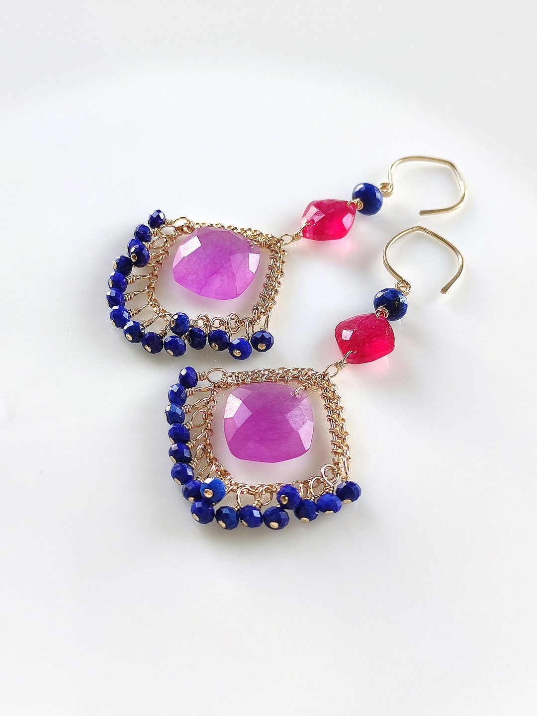 Magenta, Bright Pink Quartzite Earrings / Handmade Earrings / Gold ...