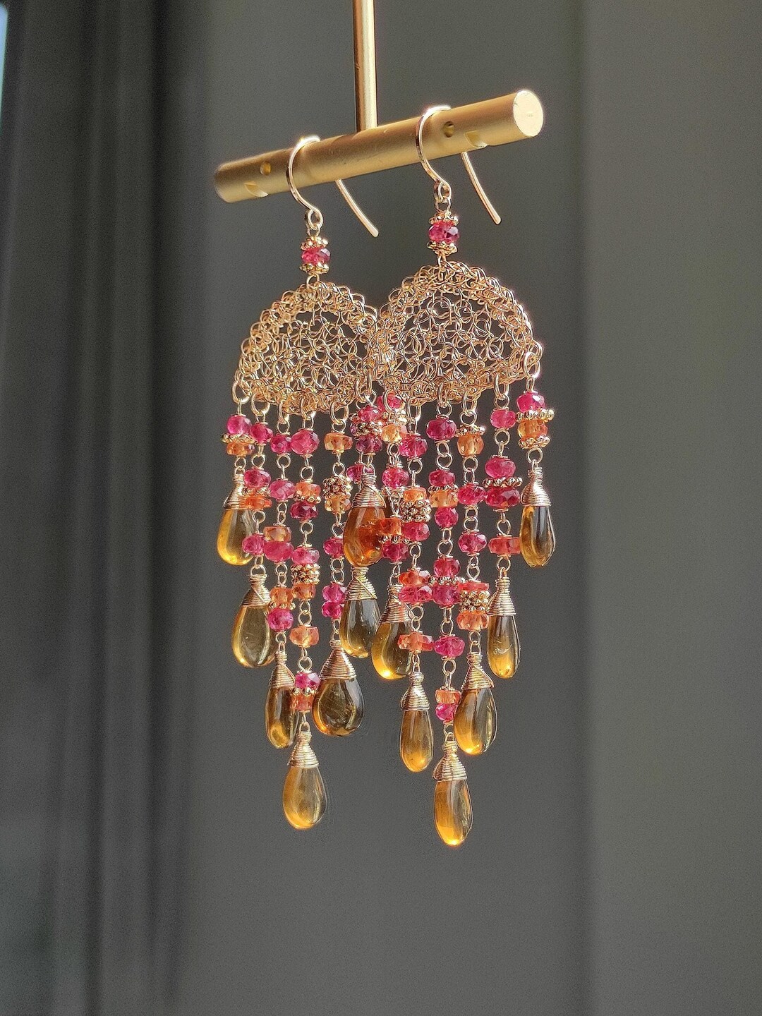 Crochet Chandelier Earrings: Brandy Quartz, Red Spinel, Sapphire, 14K ...