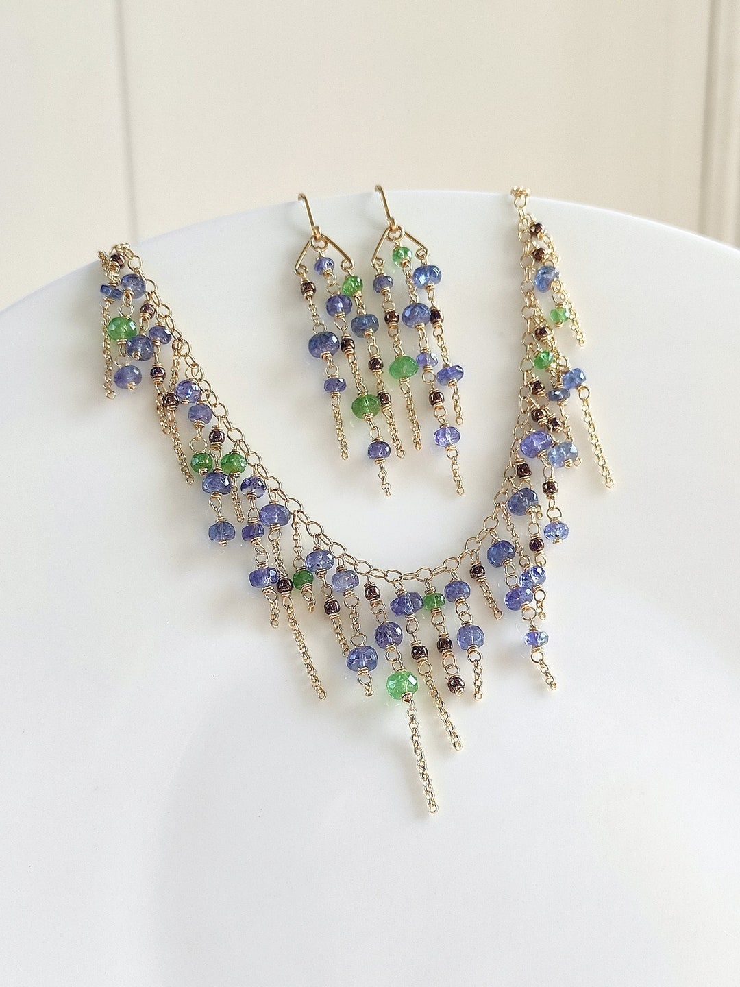 Genuine Tanzanite, Tsavorite Gold Chains Meteor Shower Handmade Jewelry ...