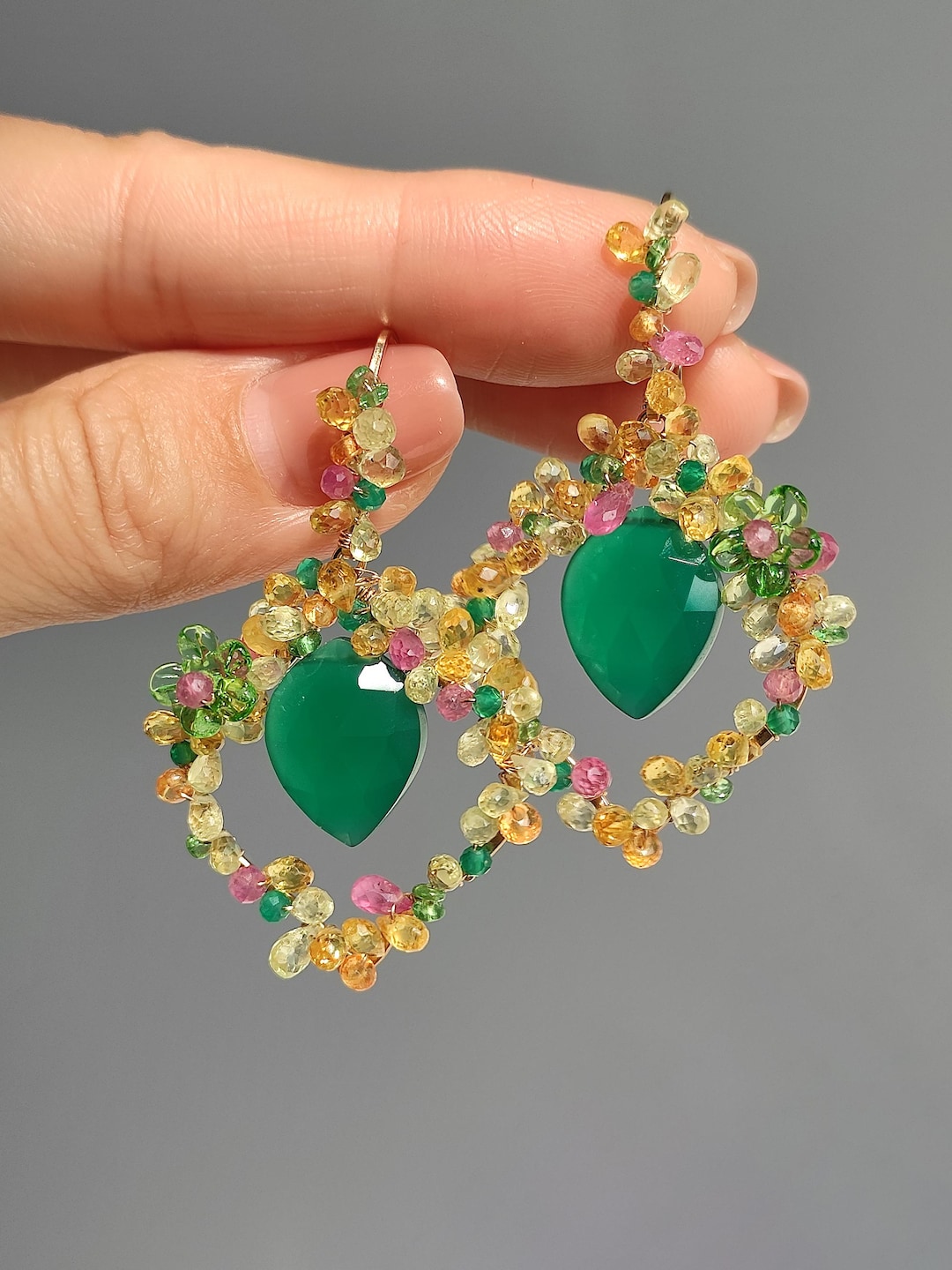 Yellow Sapphire, Green Onyx Handwoven Flower Hoop Earrings // Romantic ...