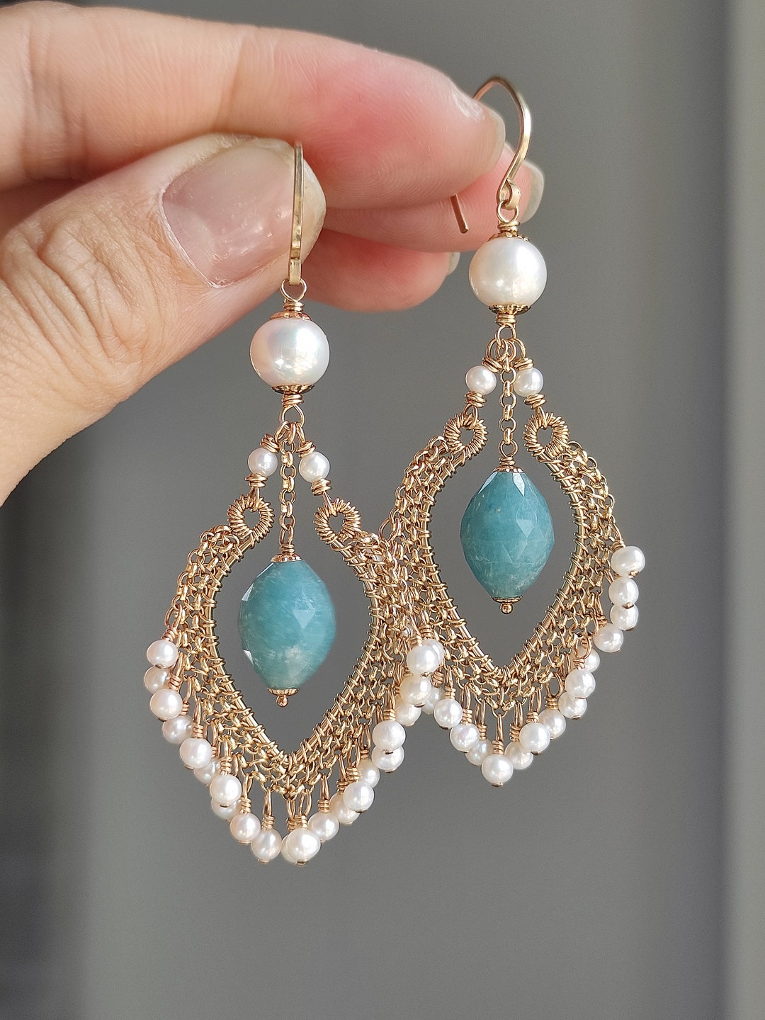 Aqua Quartz Freshwater Pearl 14k Gold Filled Earrings / - Etsy