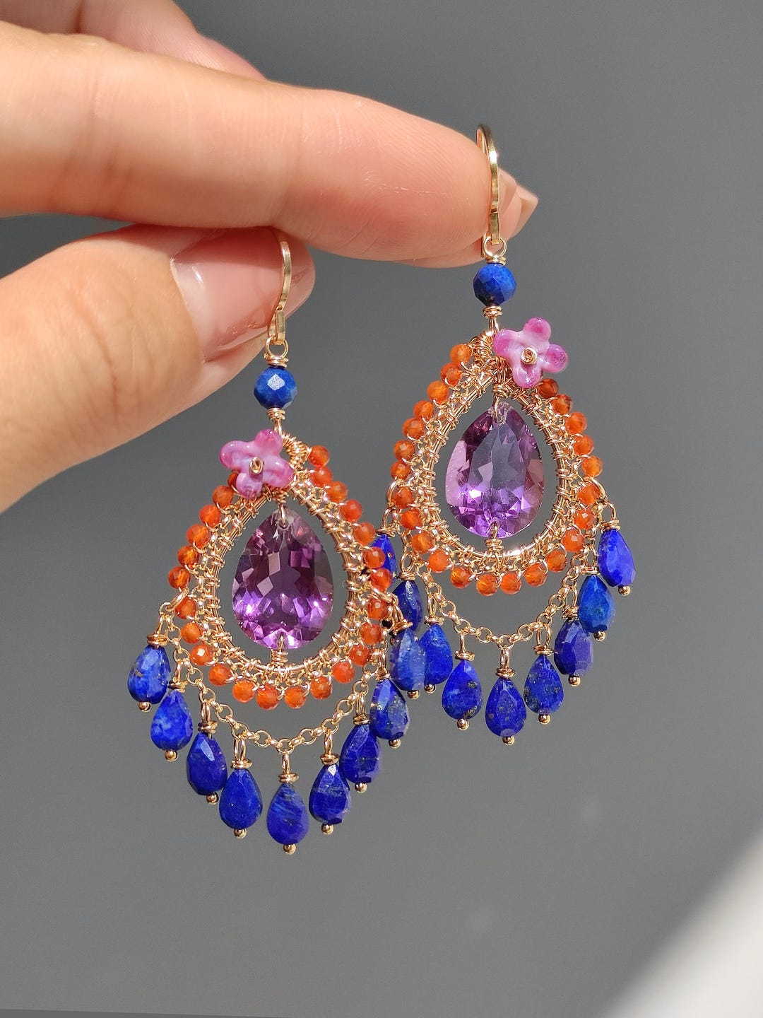 Amethyst, Lapis Lazuli Chandelier Earrings // Statement Dangle Earrings ...