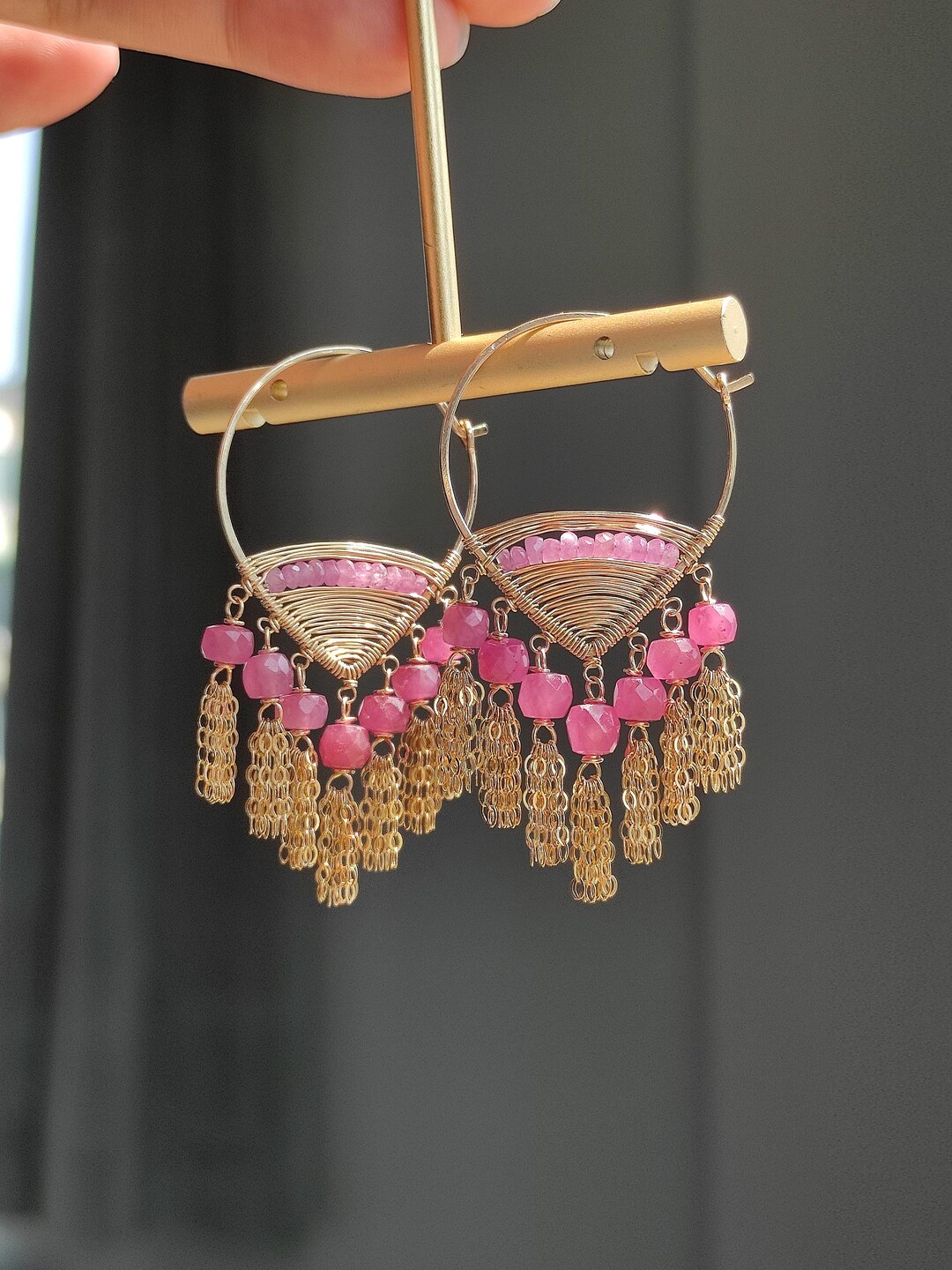 Ruby & Pink Sapphire Tassel Hoop Earrings: 14K Gold Filled, Starlight ...