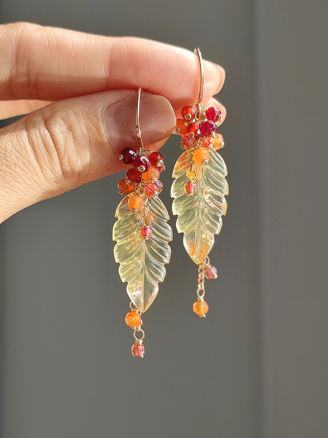 Lemon Quartz Leaf Shape Earrings/natural Stone Handmade Earrings/cluster Earrings/gold Filled ...