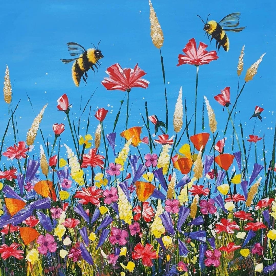 Custom Hand Painted Original Wall Art Bees Paradise Colorful Naive ...