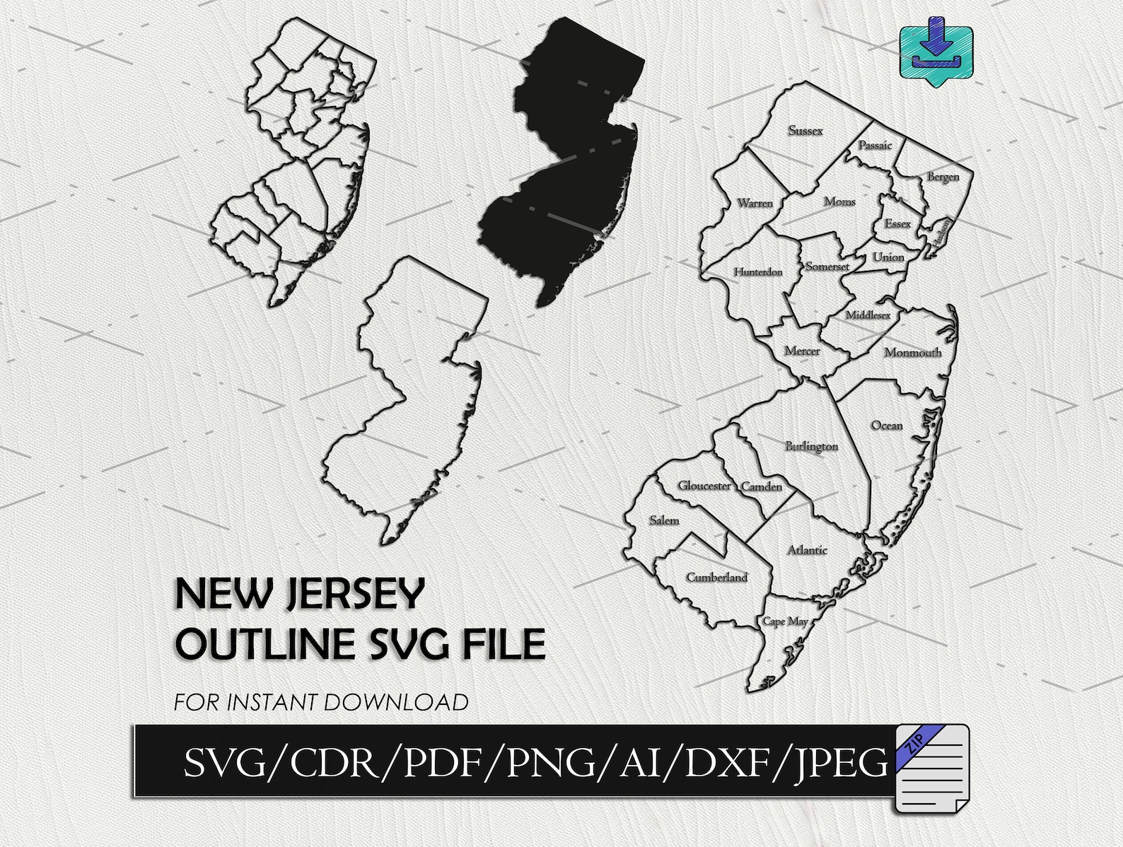 New Jersey Maps Outline SVG DXF Files New Jersey Cut Files United ...