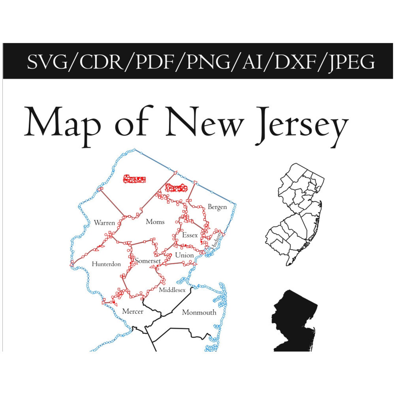 New Jersey Maps Outline SVG DXF Files New Jersey Cut Files United ...