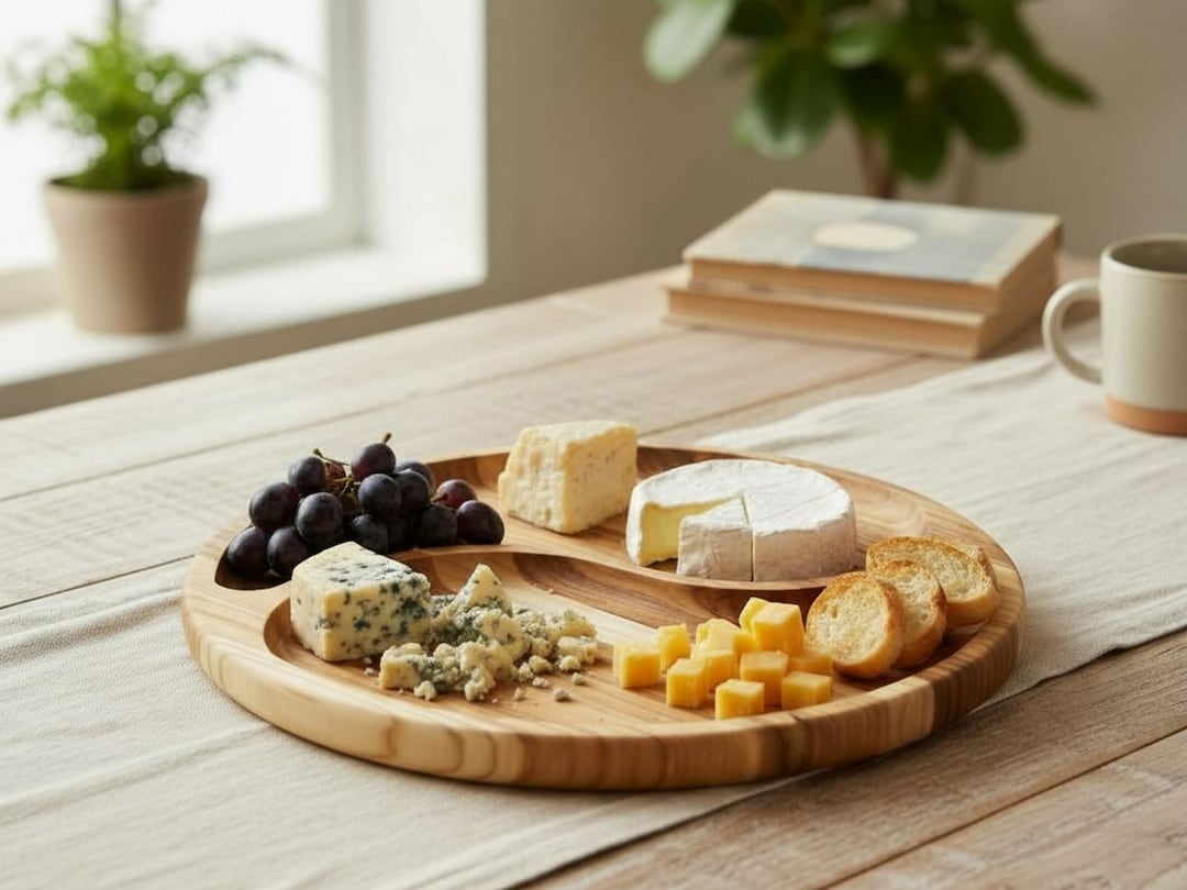 Yin Yang Serving Board Round Wooden Divided Tray, Ash Wood Charcuterie ...