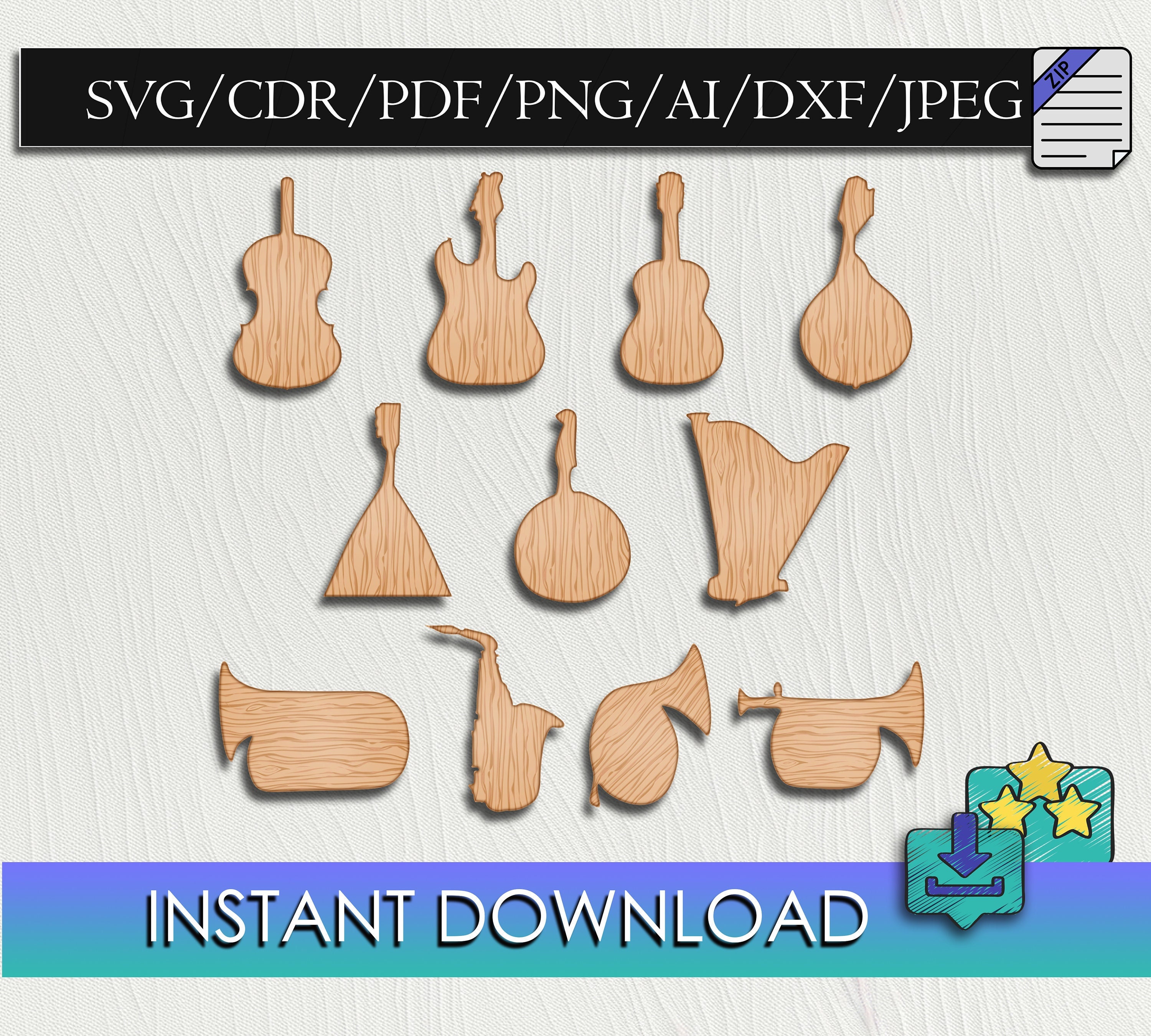 Music Instruments SVG Clipart Vector Bundle CNC File for Guitar Tuba ...