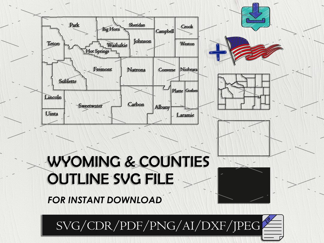Wyoming Maps With Counties Outline SVG DXF Files Cut Files United ...