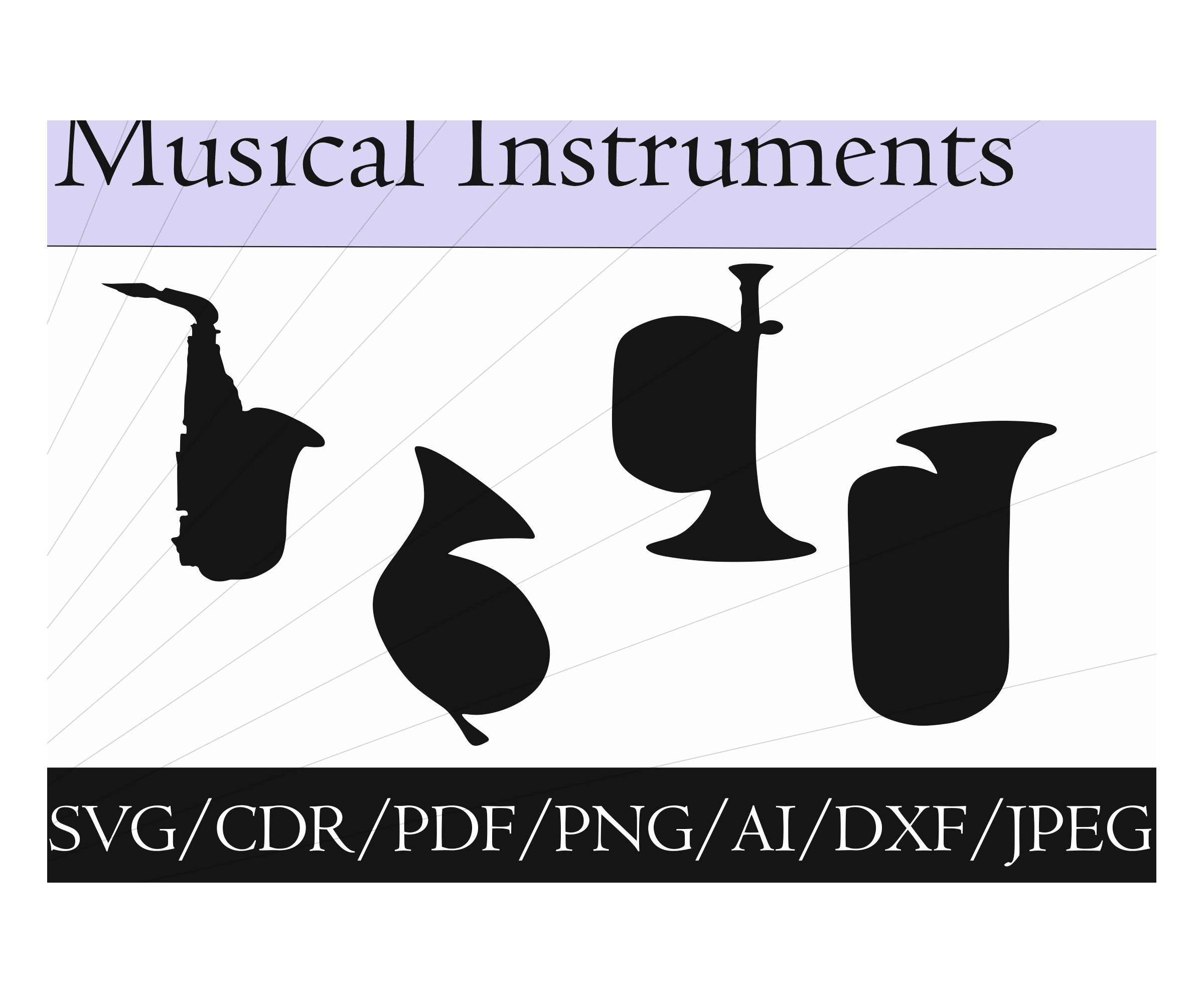 Music Instruments SVG Clipart Vector Bundle CNC File for Guitar Tuba ...