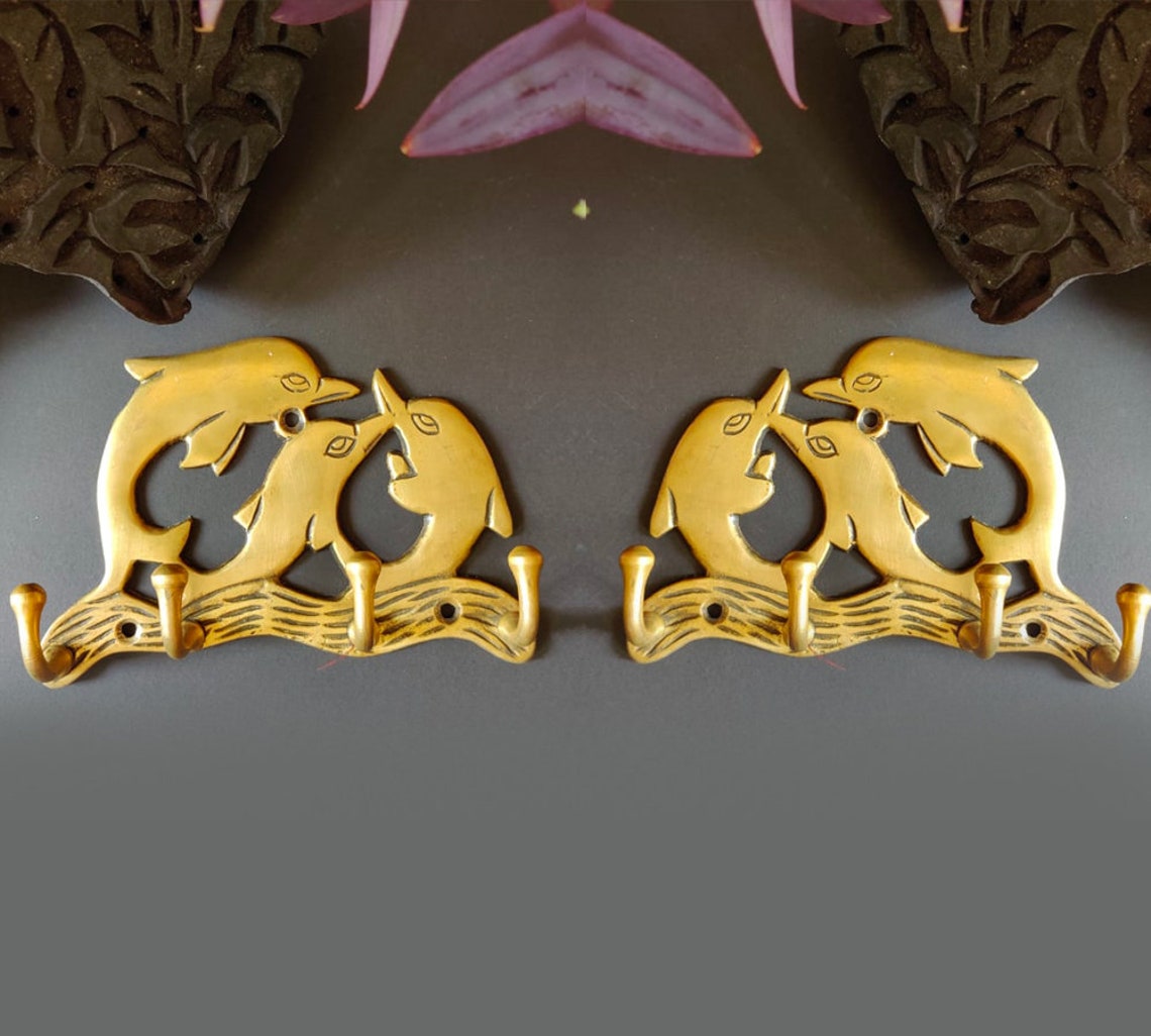 Brass Key Hanger Coat Hooks-Dolphin SET OF TWO | Etsy