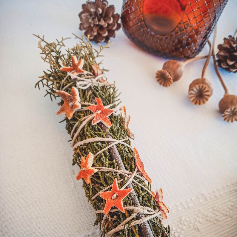 Yule Smudge Stick With Orange Peel Stars & Ash Wood Stick - Etsy