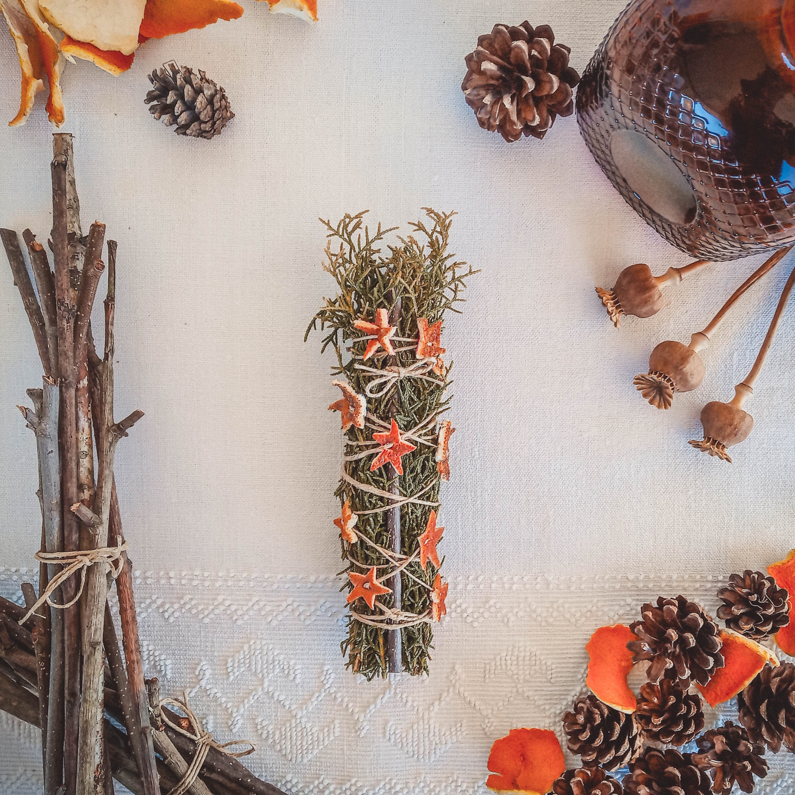 Yule Smudge Stick With Orange Peel Stars & Ash Wood Stick - Etsy