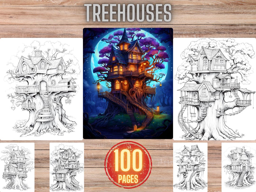 Treehouses Coloring Pages, Whimsical Treetop Art, Bold and Easy ...