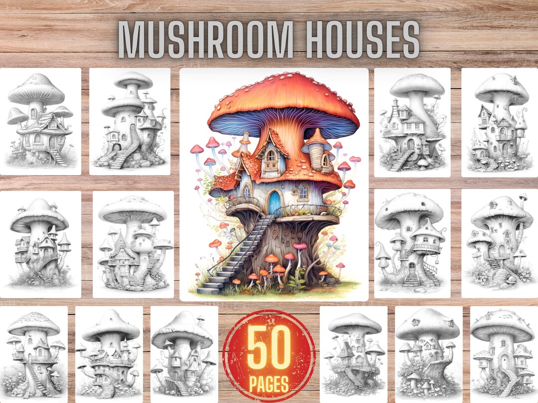 Mushroom House Coloring Pages | Whimsical Fantasy Art for Adults ...