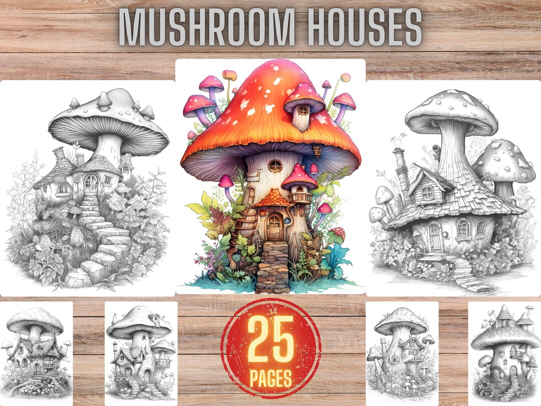 Mushroom Houses Coloring Pages | Whimsical Fantasy Art | Stress Relief ...