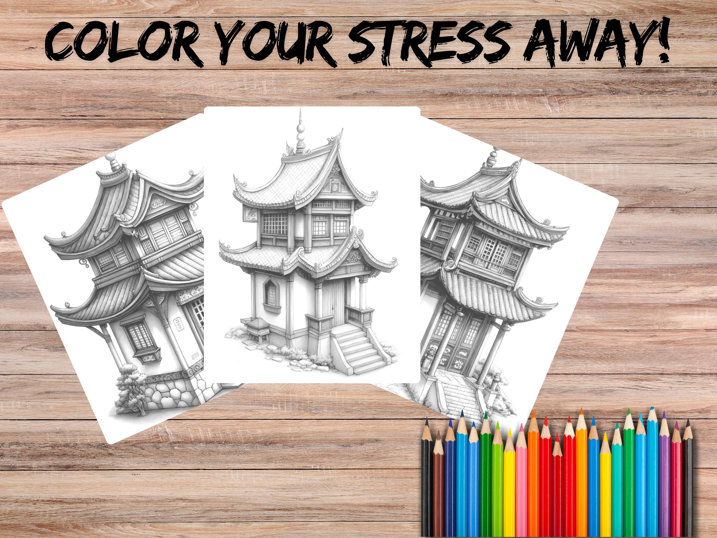 Chinese Houses Coloring Pages | Asian Architecture Art | Stress Relief ...