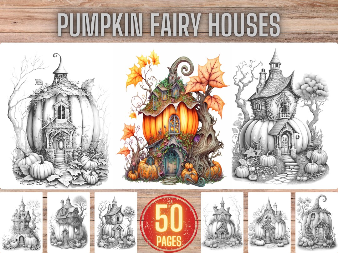 Pumpkin Fairy Houses Coloring Pages | Whimsical Fall Art for Adults ...