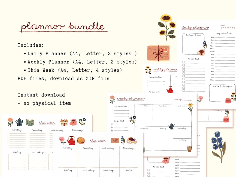 Printable Planner Bundle: Daily & Weekly Productivity Pages (PDF) - Etsy